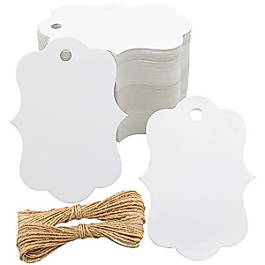 joycraft 100Pcs White Paper Blank Gift Tags,Double-Sided Blank Favor Tags with String,Personalized Price Waved Craft Hang Tags for Gift Wrapping,Wedding,Merchandise and DIY Project(2.75" x 1.97")
