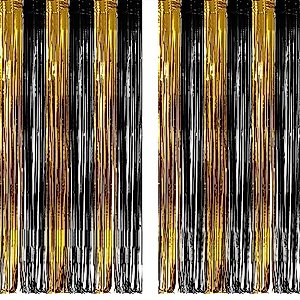 Black and Gold Party Streamers Decoration - GREATRIL Foil Fringe Backdrop for Anniversary/Retirement/Graduation/Farewell/Cocktail/Prom/EID/Birthday - 3.2ft X 8.2ft - 2 Packs