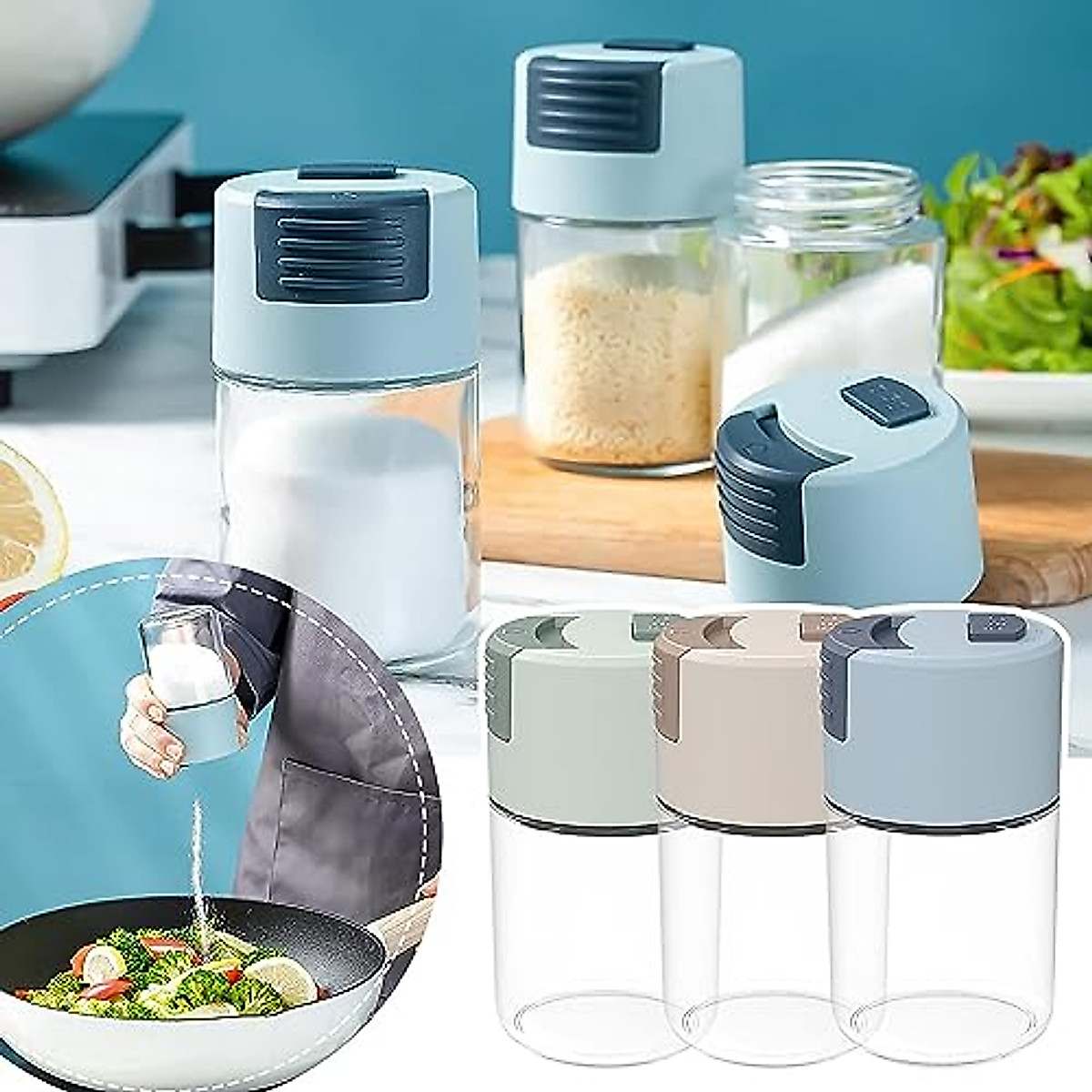 Metering Salt Shaker, Measuring Seasoning Bottle, Salt and Pepper Shakers Precise Quantitative Push Type,Press Type Glass Metered Salt Dispenser. (Blue)