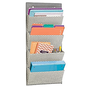 mDesign Soft Fabric Wall Mount/Over Door Hanging Storage Organizer - 4 Large Cascading Pockets - Holds Office Supplies, Planners, File Folders, Notebooks - Chevron Zig-Zag Print, 2 Pack - Gray/Cream