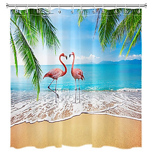 LB Summer Beach Theme Shower Curtain for Bathroom,Funny Flamingo and Blue Sky Ocean Fabric Shower Curtain with Hooks,Tropical Plant Palm Leaf Bathroom Curtains Shower Set, 72x72 inches