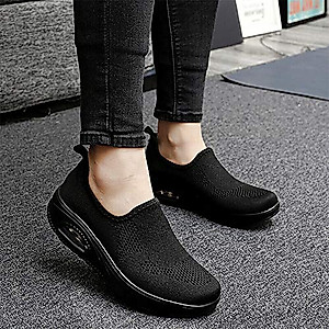 VARSKARC Women's Breathable Casual Air Cushion Slip-on Shoes Walking Running Athletic Sport Shoes Black