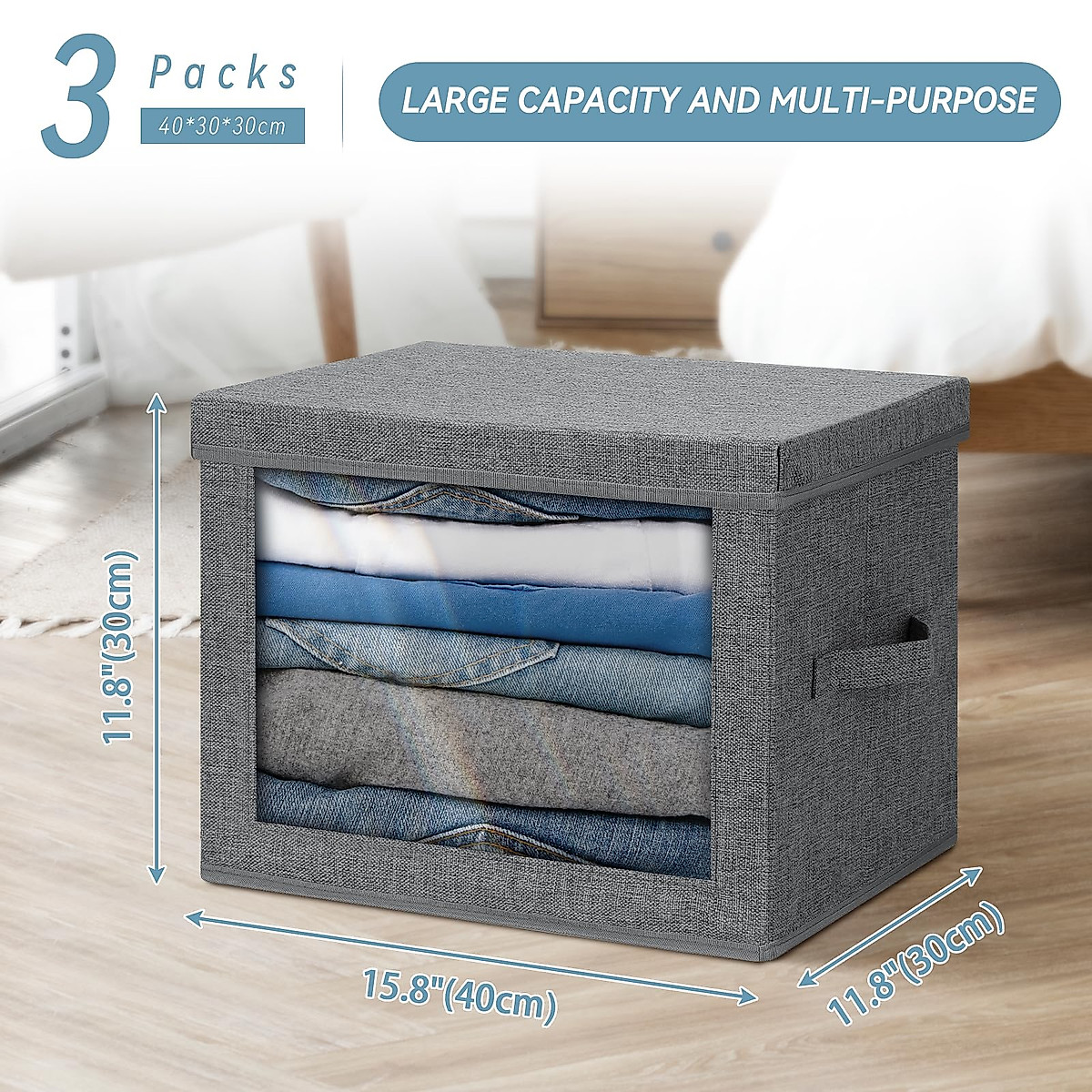 Bellzacasa Large Collapsible Storage Bins with Lids, 3 Pack Foldable Clear Window Storage Boxes with Handles, Linen Fabric Storage Cubes Baskets Organizer Containers, Gray, 15.8x11.8x11.8”