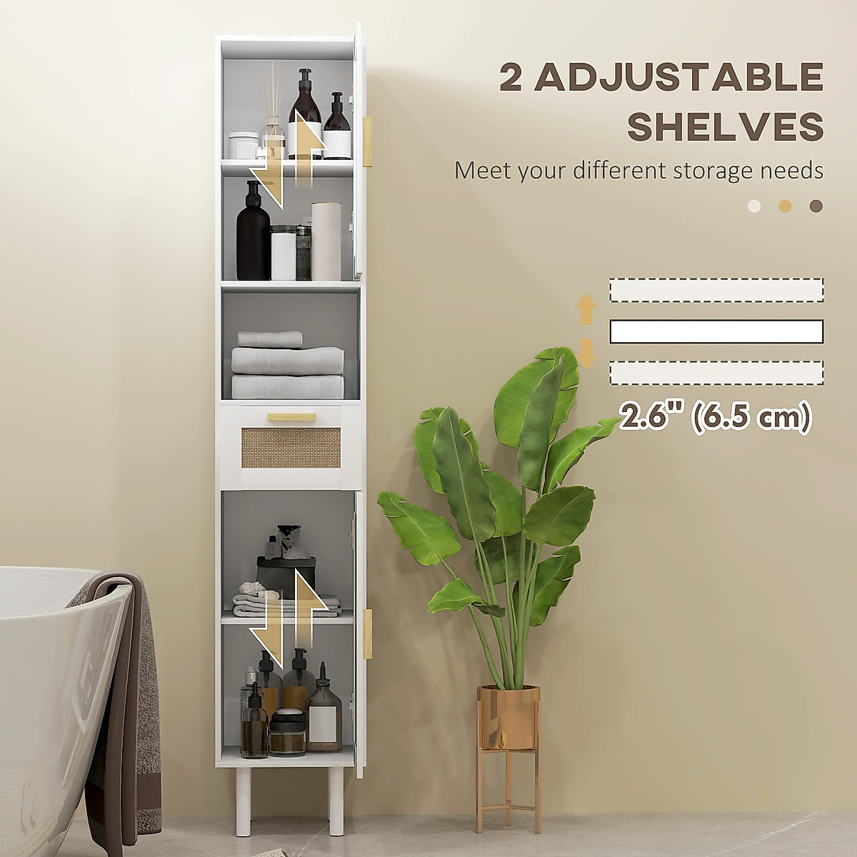 HOMCOM Tall Bathroom Storage Cabinet with Rattan Doors, Freestanding Bathroom Cabinet with Open Shelf, Drawer, Cabinets and Adjustable Shelves for Small Space, White