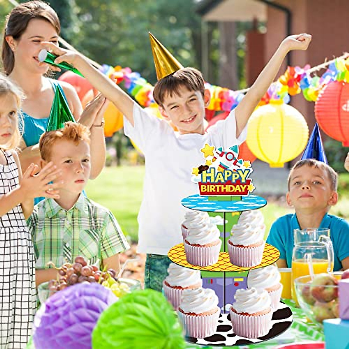 RTHPY 3-Tier Cartoon Story Cupcake Stand Cardboard Cake Stand Dessert Tower Holder for Toy Theme Birthday