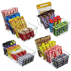 Lifewit 4Pcs Plastic Food Storage Organizer Bin Box, Hold with 3 Dividers for Tea Bags, Snacks, Packets, Pouches, Spices, Ideal for Pantry, Kitchen, Fridge, Cabinet Organization, BPA Free, Clear