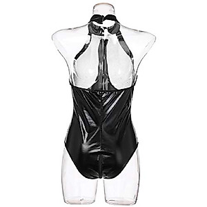 LowProfile Women Wet Look Faux Leather Teddy Babydolls Fishnet See Through Teddy Lingerie Zip Crotch Bodysuit Black