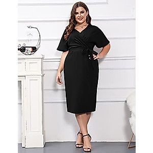 GRACE KARIN Wedding Guest Dresses for Women Elegant Wrap V Neck Ruched Work Business Bodycon Sheath Dress Black L