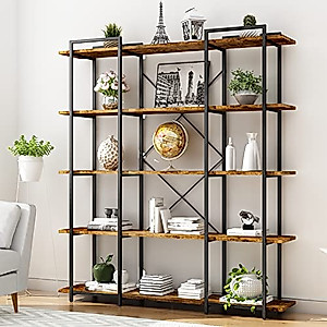 Auromie Triple Wide 5 Tier Bookshelf, 70.8’’ H x 63’’ W Rustic Etagere Bookcase Garage Storage Shelf Rack, Industrial Freestanding Display Shelf, Extra Large Storage Rack Shelving Unit for Home Office