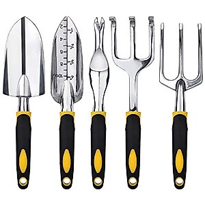 FEBSNOW Garden Tool Set - 5 Pieces Heavy Duty Gardening Hand Tools Kit Include Garden Trowel, Garden Rake, Spade Shovel, Weeder, Cultivator for Men, Women