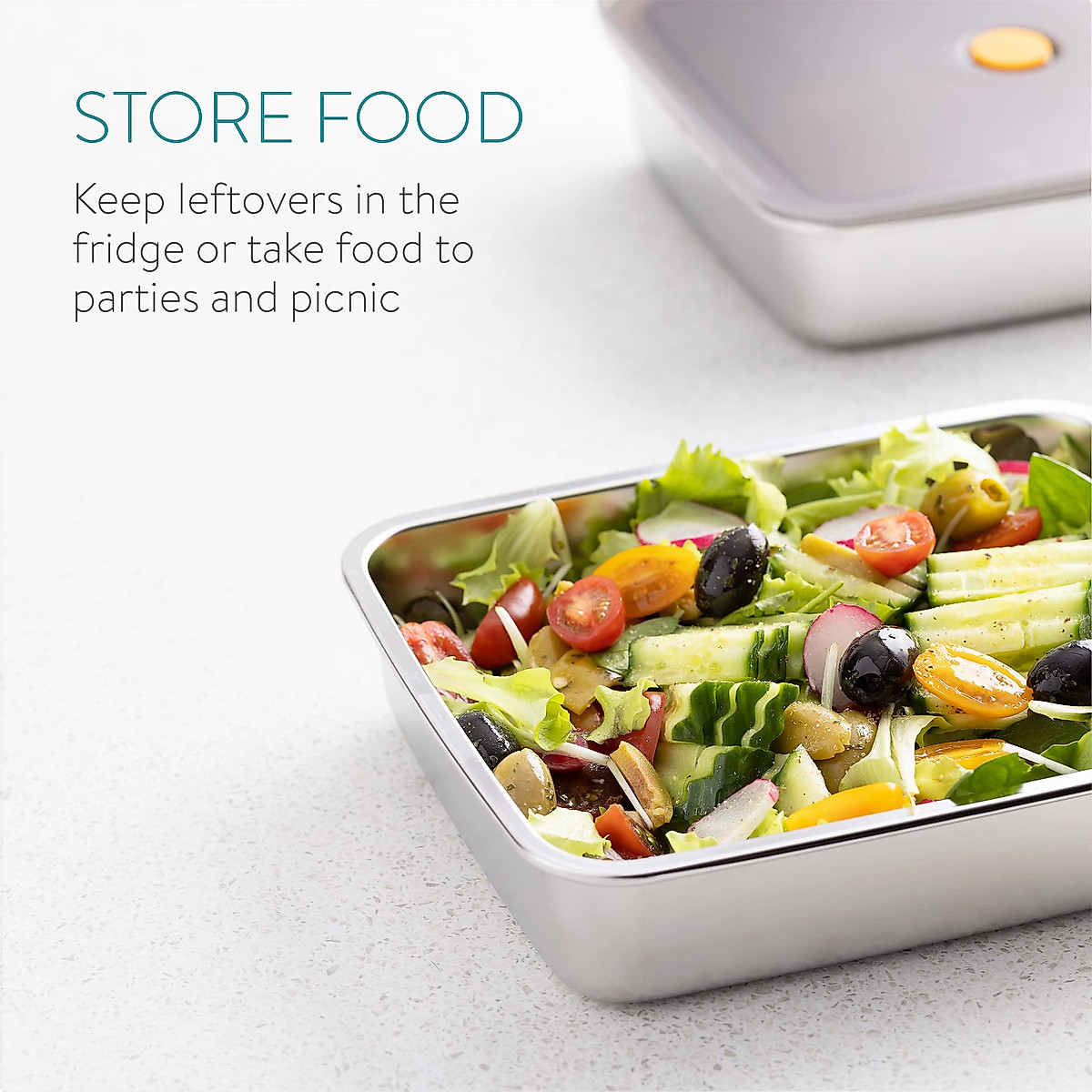 Navaris Stainless Steel Marinating Containers (Set of 2) - Metal Meat Marinade Container with Lid - Dishwasher Safe Food Storage 9.3" x 7.5" x 2.2"