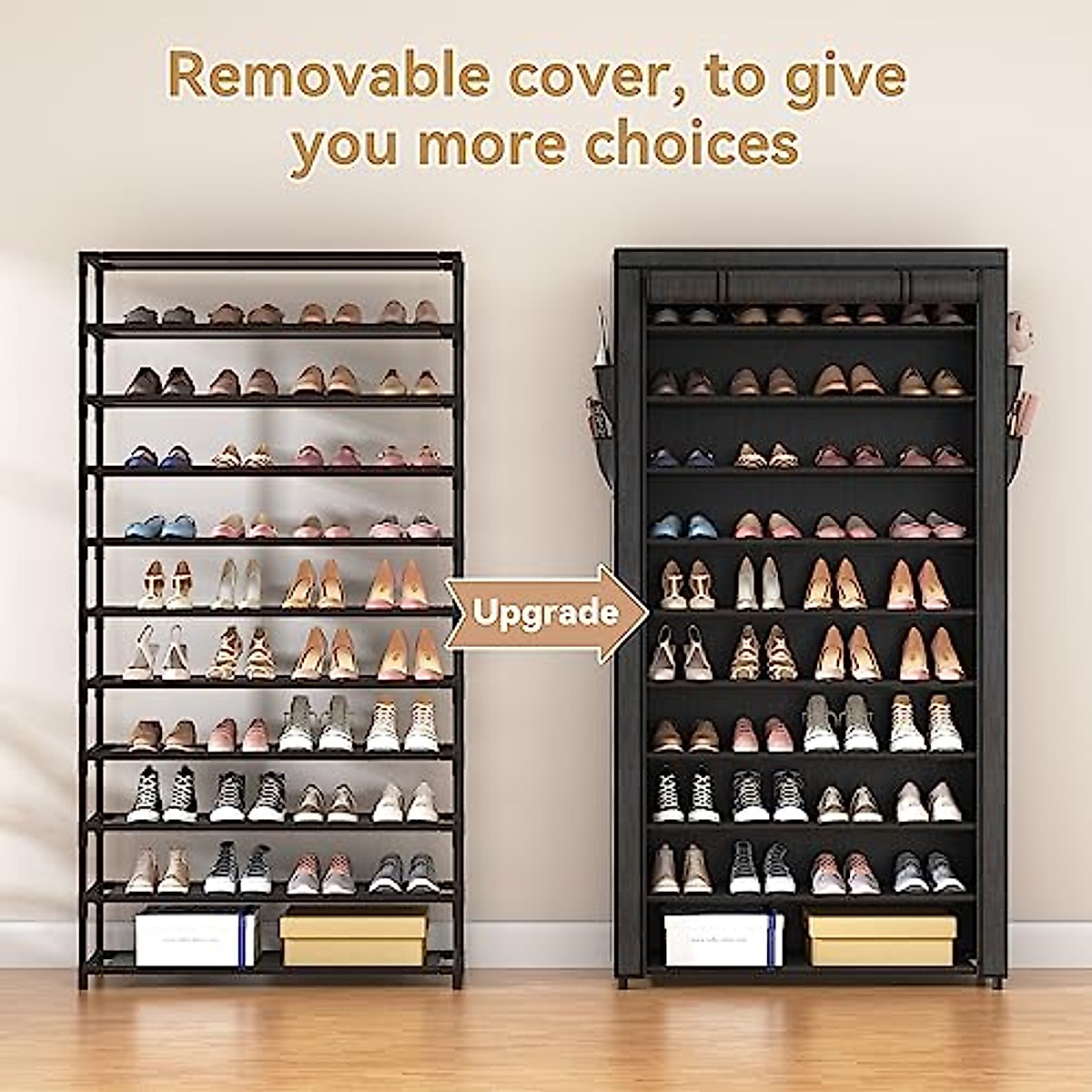 ROJASOP 10 Tier Shoe Rack with Covers,Large Capacity Stackable Tall Shoe Shelf Storage to 50-55 Pairs Shoes and Boots Sturdy Metal Free Standing Shoe Rack Organizer for Closet Entryway Garage Bedroom