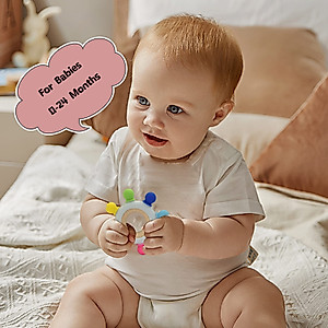 Baby Teething Toys Silicone Chewable Teethers BPA Free Silicone Rudder with Removable Wooden Ring for Soothing Babies Gums Teethers for Babies 0-24 Months (Beige,6 Directions)