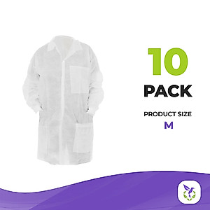 AMZ Disposable Lab Coats for Adults Medium, Spunbonded Polypropylene Medical Robes for Men and Women Pack of 10, Disposable Smocks 50 GSM, Lab Coats with Snaps, Folded Collar, Knit Wrists, 3 Pockets