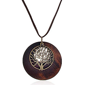 SIVITE Vintage Bronze Tree of Life with Wood Pendant Necklace Long Leather Chain Wooden Necklace for Women