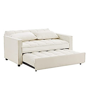 Melpomene Convertible Sofa Bed with Adjustable Backrest, 58" Modern Velvet Loveseat Sofa with Pull-Out Bed,2 Lumbar Pillows, Side Pockets, for Small Spaces(Beige)