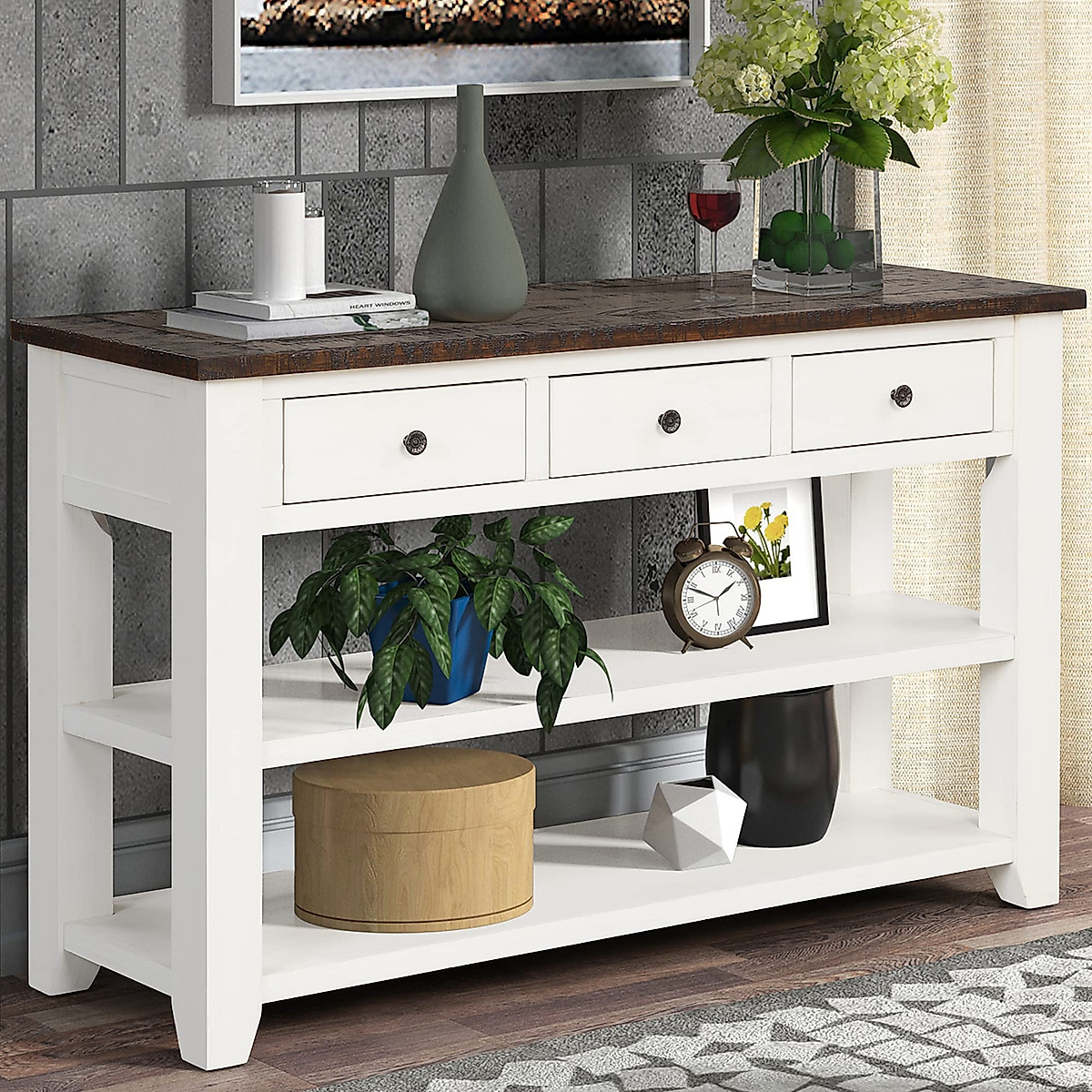 Gecheer 48" Solid Pine Wood Top Console Table, Modern Entryway Sofa Side Table with 3 Storage Drawers and 2 Shelves. Easy to Assemble (Antique White+ Brown Top) 2497B