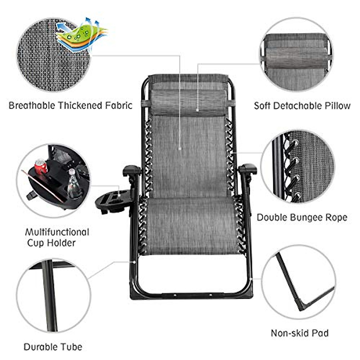 Goplus Zero Gravity Chairs, X-Large Outdoor Lounge Lawn Chair with Cup Holder & Detachable Headrest, Adjustable Folding Patio Recliner for Pool Porch Deck Oversize (Gray)