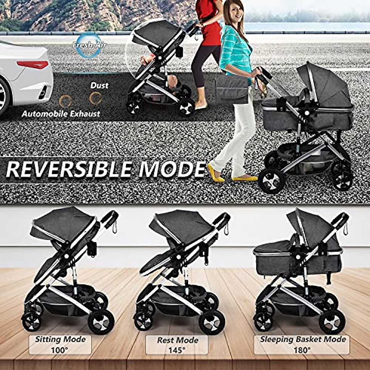 Kinder King 2 in 1 Convertible Baby Stroller, Folding High Landscape Infant Carriage, Newborn Reversible Bassinet Pram, Adjustable Canopy, Diaper Bag, Anti-Shock Toddler Pushchair Stroller, Dark Grey