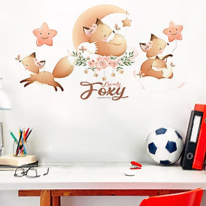Cute Little Fox with Flower Wall Stickers, Cartoon Animal Wall Stickers, Removable DIY Wall Decor Vinyl Mural Art for Kids Baby Nursery Bedroom Living Room Playroom Decoration