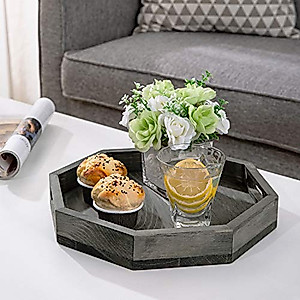 MyGift 12-Inch Vintage Gray Solid Wood Octagon Serving Tray with Cutout Handles
