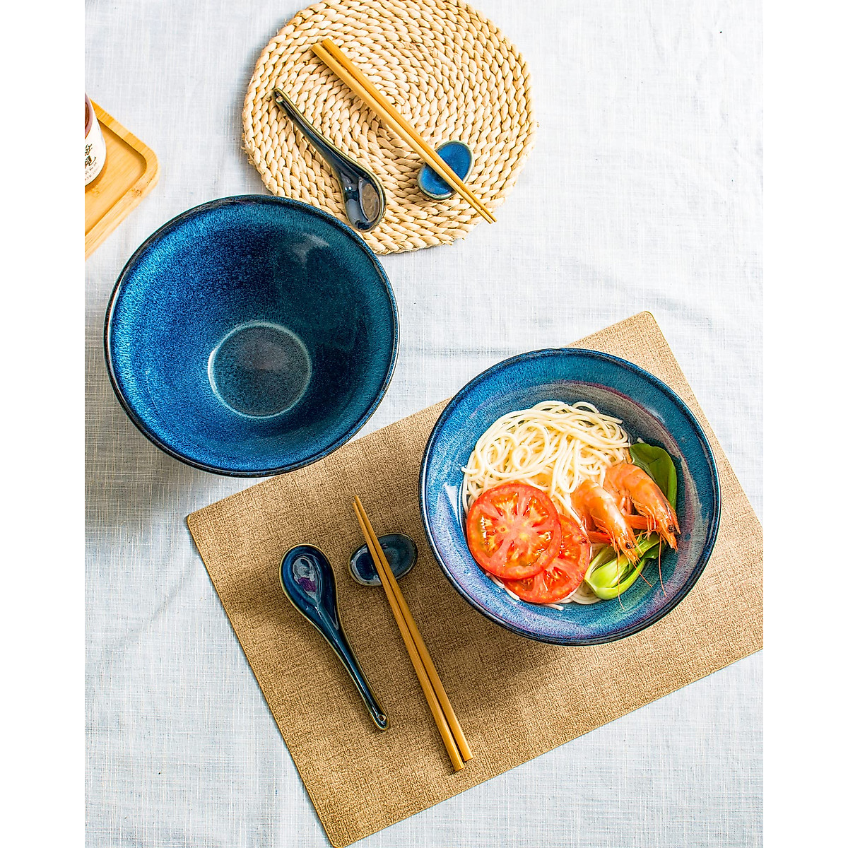 Large Salad Soup Ramen Serving Bowls, 71 OZ Ceramic Japanese Ramen Noodle Bowl with Chopsticks, Spoons and Rests - Super Big Bowl Sets for Udon, Pho, Pasta, Cereal, Set of 2 - Reactive Blue