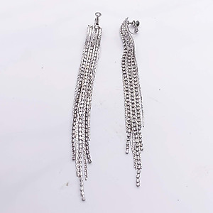 SELOVO Clear Rhinestone Prong Setting Boho Tassel Long Statement Dangle Clip on Earrings Silver Tone
