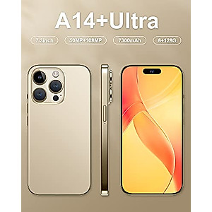 WV LeisureMaster A14 Pro Max 5G Unlocked Smartphone - 6GB+128GB Fully Unlocked Cell Phone for Android 11, 7.3", 7300mAh, 50MP+108MP Dual Camera（Gold）