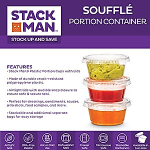 [200 Sets - 2 oz.] Small Plastic Containers with Lids, Jello Shot/ Condiment Cups, 2oz Dipping Sauce & Salad Dressing Container, Disposable Mini Portion Souffl, Ramekins, Pudding Cup