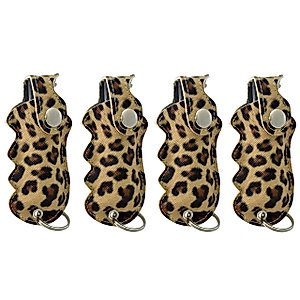 Pepper Defense 1/2 oz. Pepper Spray with Grip Holster and Keychain Attachment - Safety Twist Lock Glow Trigger - Maximum Strength 10% OC Formula - Self Defense Personal Protection (Leopard 4-Pack)