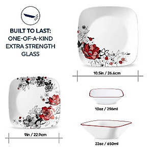 Corelle Chelsea Rose 16pc, Service for 4, Dinnerware Set, 8 plates 8 bowls, Chip & Break Resistant, Dinner Plates and Dinner Bowls, Corelleware Plates (1147225)