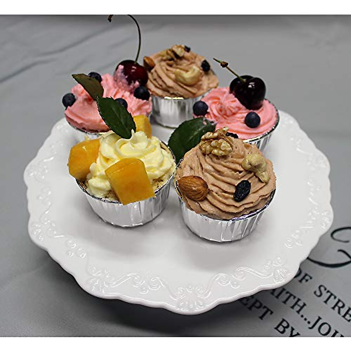 BPFY 10 Inch Round White Ceramic Cake Stand, Decorative Cupcake Stand, Dessert Display Plates for Snacks and Cookies, Floral Embossed Victorian Candy Dish, Baby Shower, Birthday, Wedding Party Decor