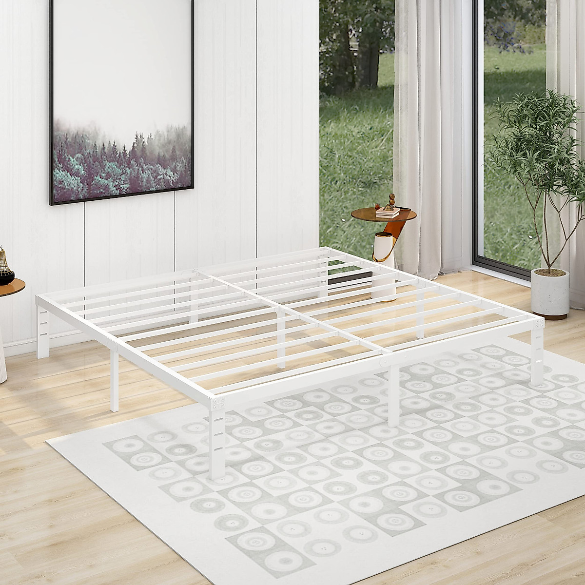 alazyhome King Size Bed Frame 14 Inch Metal Platform Bed Frame Heavy Duty Steel Slats Support No Box Spring Needed Noise-Free Easy Assembly White