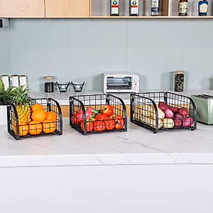 JKsmart XL 3 Tier Fruit and Vegetable Basket Stackable Countertop Organizer for Potato Onion Storage Wall-mounted Kitchen Wire Storage Baskets Stand Bins for Pantry Cabinet For Snack Produce,Black