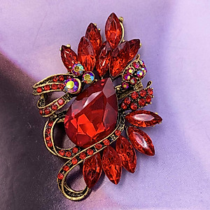 SELOVO Vintage Style Statement Red Leaf Scarf Shawl Brooch Pin Crystal Antiqued Gold Tone