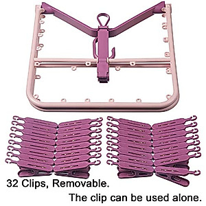 Foldable Clip Hangers with 32 Clothespin Drying Clips Underwear Hanger with Clips Plastic Laundry Clip Drip Drying Hanger for Socks Bras Lingerie Clothes Sturdy (Pink)