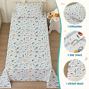 Bedmoon Boys Twin Sheets, Kids Car Truck Bed Sheet Set with Non-Slip Fitted Sheet, Boys Soft Microfiber Twin Sheets & Pillowcases, White