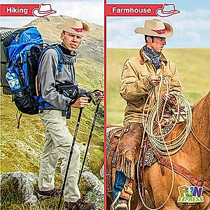 Fun Express Cowboy Hat for Men - Authentic Western Style Cowboy Hats for Men with Red Bandana Accent, Bulk Set of 12 Durable Woven Straw Cow boy hat Versatile Party Hats, Unisex Design