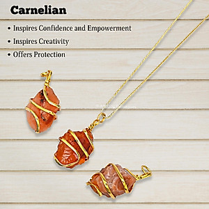 Carnelian Crystal Necklace with Gold Spiral Carnelian Raw Stone - Carnelian Pendant Women Wire Wrapped Pencil Jewelry with Adjustable Gold Chain and Premium Velvet Pouch (Extra Free Boho Necklace)