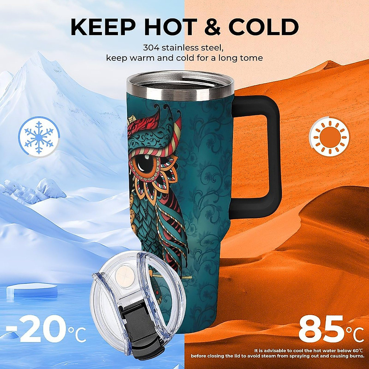 Niapessel Leak Proof Tumbler, Insulated Water Bottles with Straw, Owl Ethnic Insulated Cup with Handle 40 Oz Stainless Steel Flask for School, Travel, Car, Sports, Work