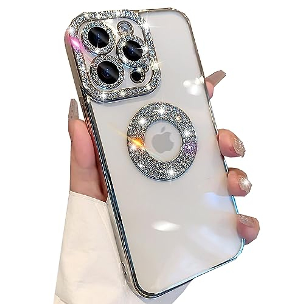 Changjia for iPhone 13 Pro Max Clear Glitter Case,Cute Bling Sparkle Shiny with Rhinestones Diamond Camera Protection Logo View Soft Plating Bumper Women Girls Case for iPhone 13 Pro Max 6.7" (Silver)