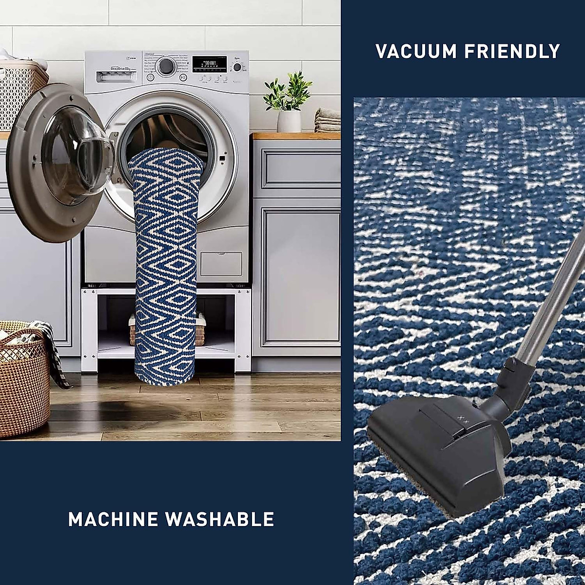 Chardin home 100% Cotton Diamond Rug Fully Reversible - Mat Size 21''x34'', Machine Washable, Navy/Ivory