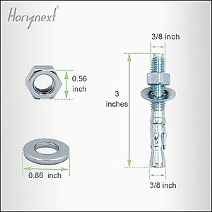 Horiznext 3/8" x 3 inch Wedge Anchor, Fastener for Cement and Concrete only, Heavy Duty zinc-Plated Carbon Steel Screw Bolt nut Expansion Head kit to Drill Wall (30 pcs)