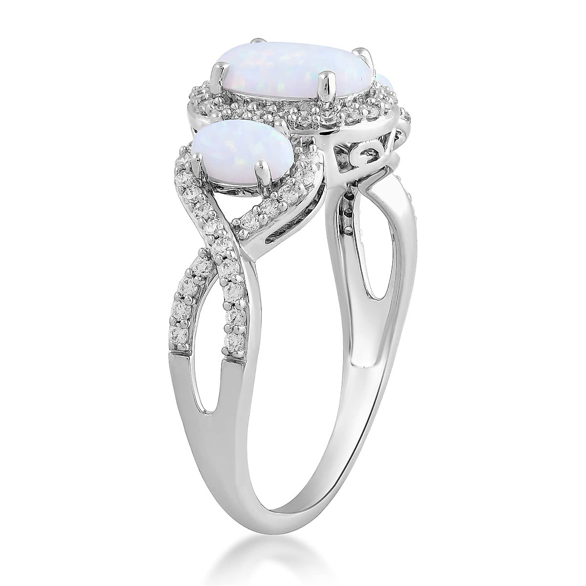 Jewelili Sterling Silver 8X6 MM and 5X3 MM Oval Created Opal and Round Created White Sapphire 3-Stone Engagement Ring, Size 8