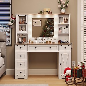 DICTAC Makeup Vanity Desk with Mirror and Lights, Farmhouse Vanity Table with Charging Station, 43'' Bedroom Dressing Table with 6 Drawers & 2 Cabinets, 3 Color Lighting Modes, White