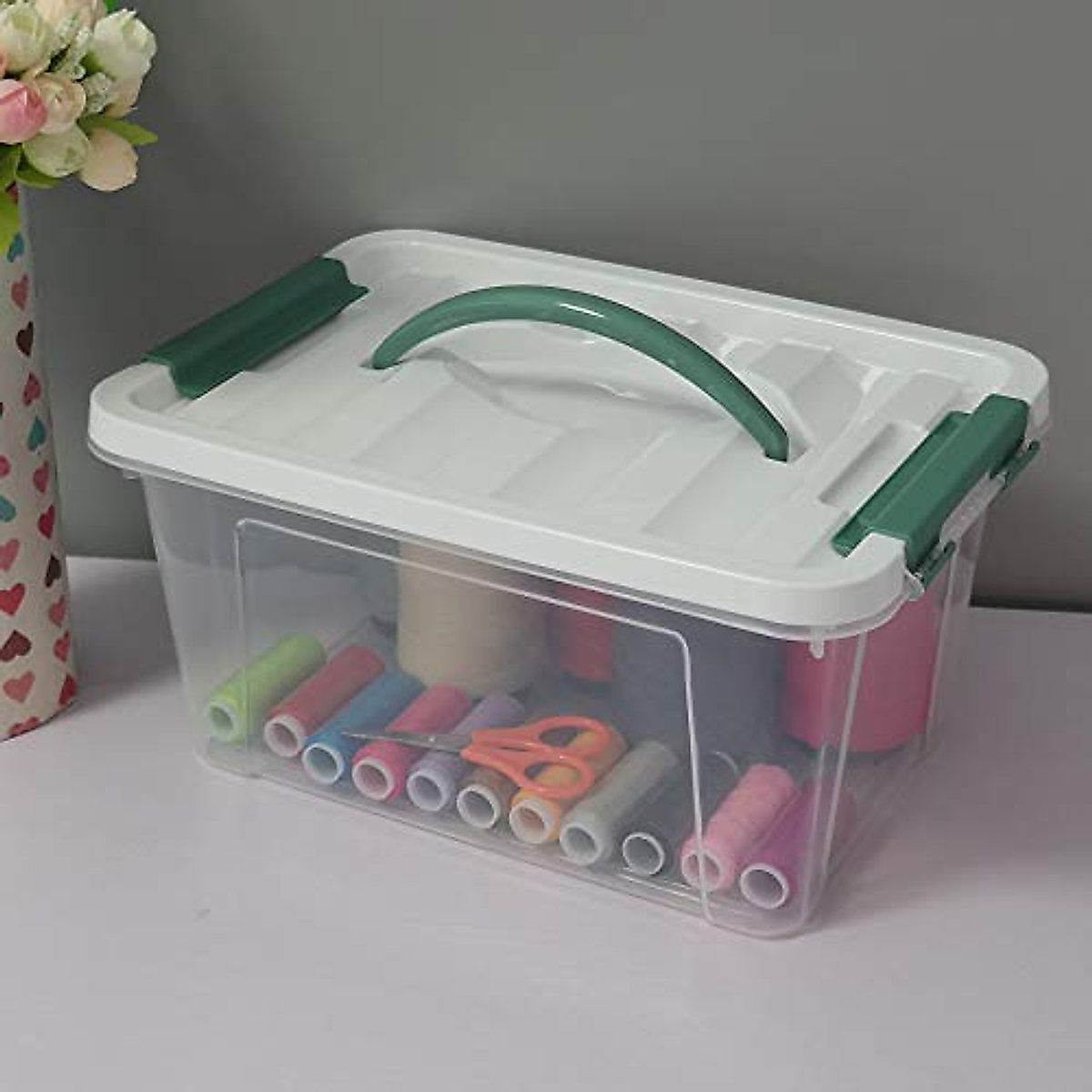 Gloreen 6 Quart Clear Storage Bins with Lid and Green Handle, Multipurpose Stackable Plastic Storage Latches Box/Containers, Set of 2