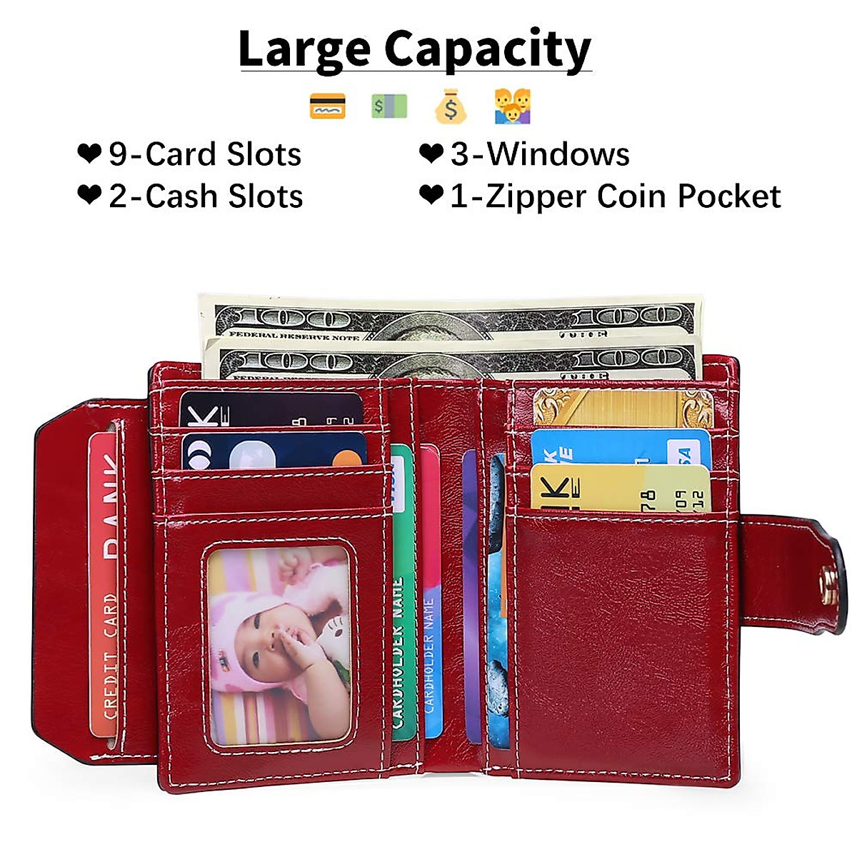 GOIACII Women Wallet RFID Blocking Leather Small Bifold Zipper Pocket Wallet Compact Card Case Purse with ID Window