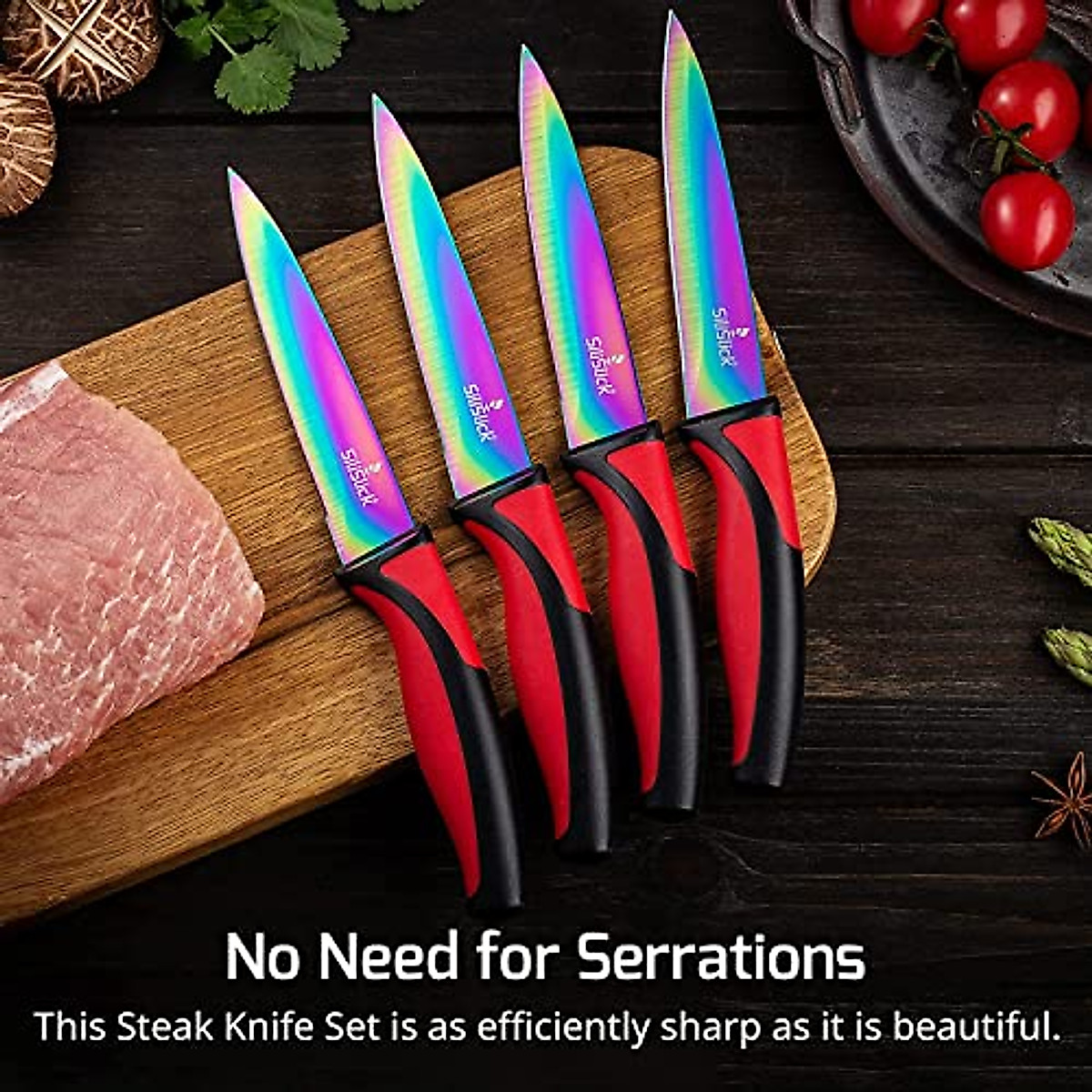 SiliSlick Stainless Steel Steak Knife Set - Titanium Coated Colorful Kitchen Knives with Straight Edge, Smooth & Sharp - Rainbow Iridescent Kitchen Gifts & Accessories