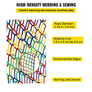 VEVOR Climbing Cargo Net, 14.8 x 10.5 ft Playground Climbing Cargo Net, Polyester Double Layers Cargo Net Climbing Outdoor w/500lbs Weight Capacity, Rope Bridge Net for Tree House, Monkey Bar, Rainbow