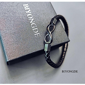 BIYONGDE Black Braided Leather Bangle Bracelet, Black Steel Friendship Infinity Love Knot Number 8, Mens Womens